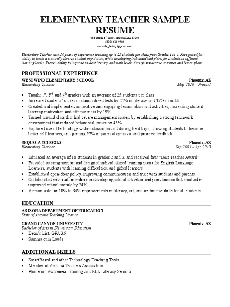 Elementary Teacher Resume Sample | PDF | Teachers | Literacy