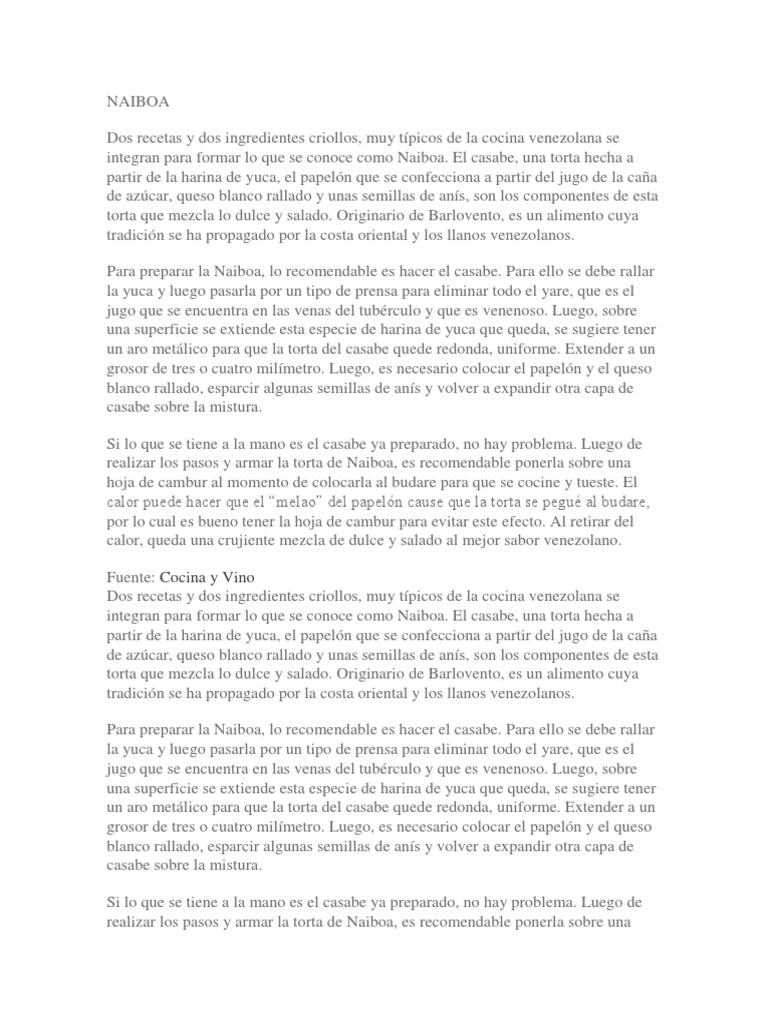Receta Tradicional de Naiboa Venezolana | PDF | Queso | Alimentos