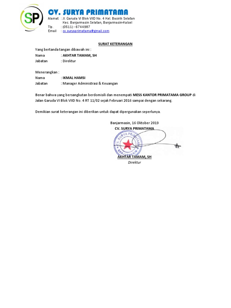 Surat Keterangan Menempati Mess | PDF