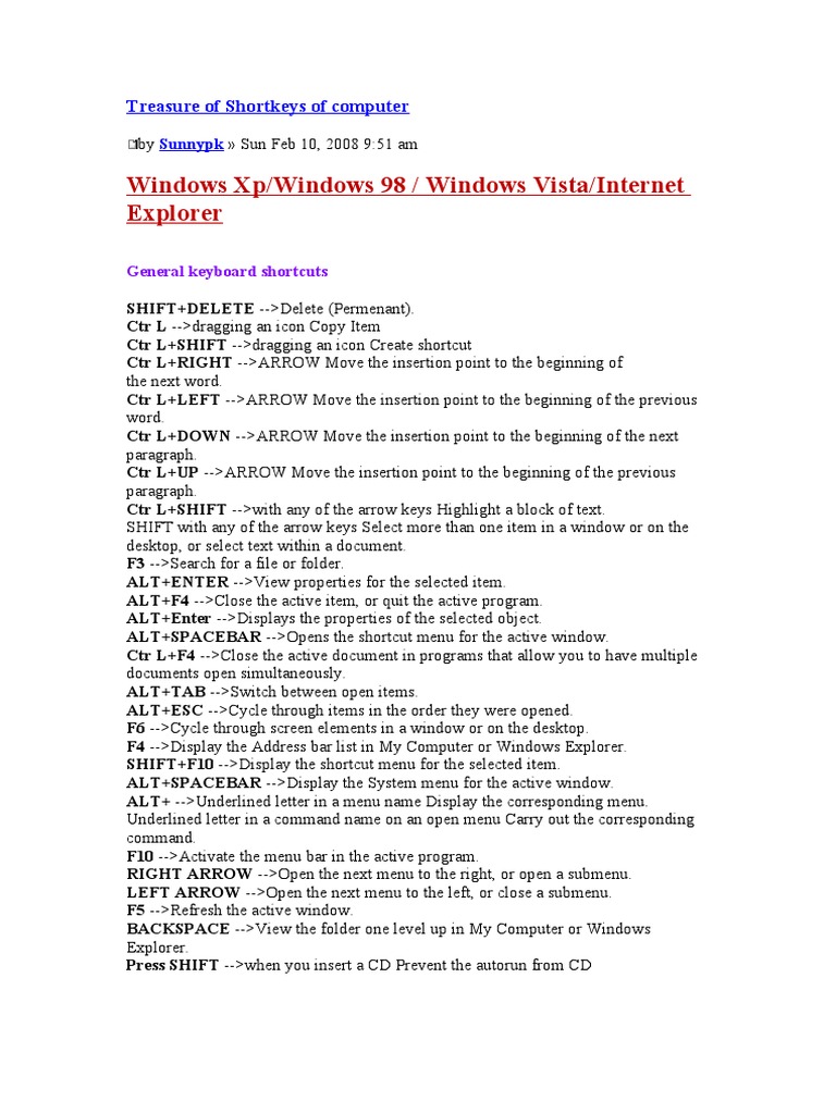 Treasure of Shortkeys of Computer | PDF | Software | Microsoft Windows