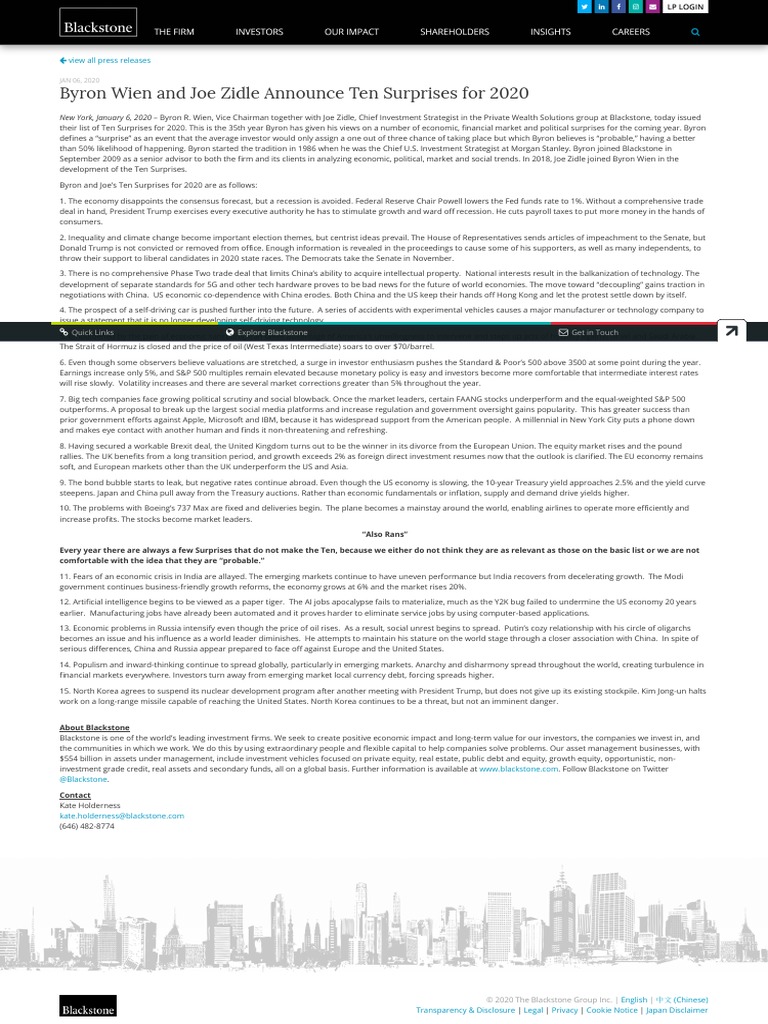 Byron Wien and Joe Zidle Announce Ten Surprises For 2020 | PDF | Stock ...