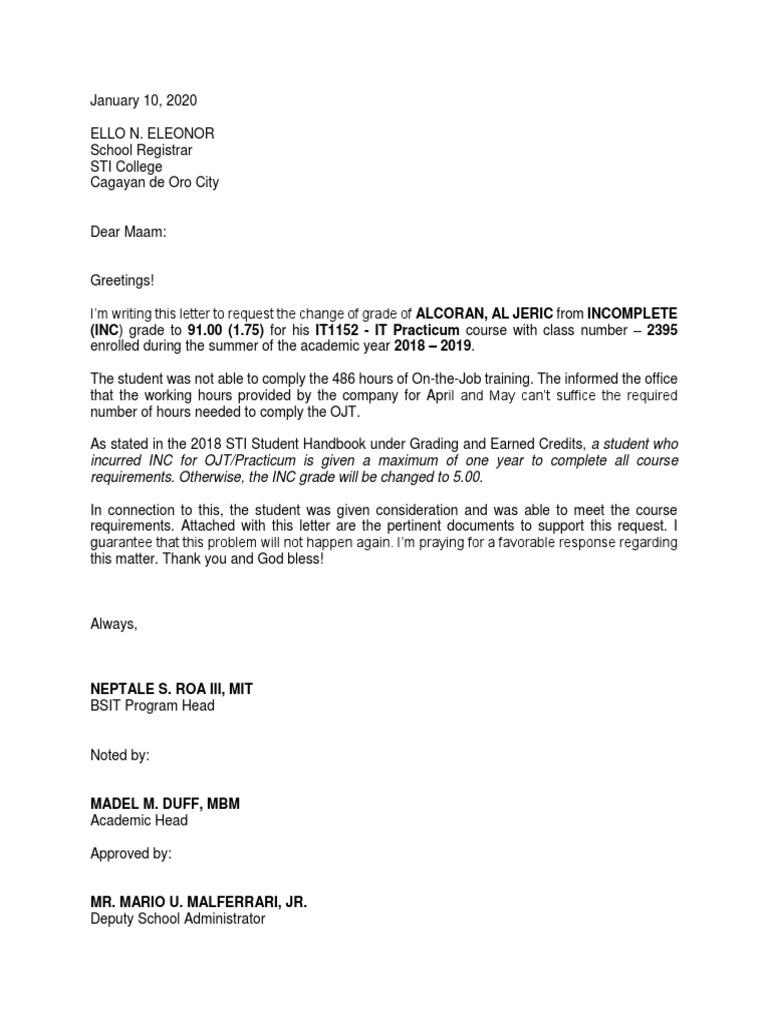 Letters To Registrar For Change of Grade | PDF | Behavior Modification