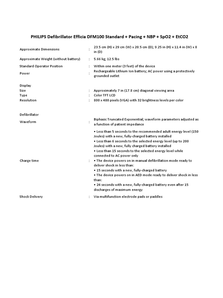 PHILIPS Defibrillator Efficia DFM100 Standard + Pacing + NBP + SpO2 ...