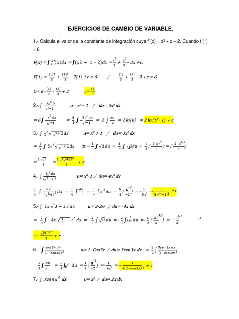 EJERCICIOS DE CAMBIO DE VARIABLE | PDF