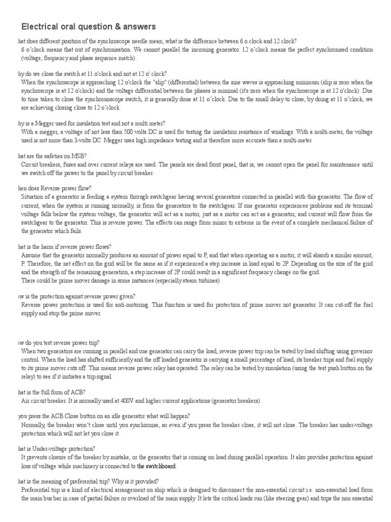MEO Class 4 Exam - Electrical Oral Question & Answers PDF | PDF ...