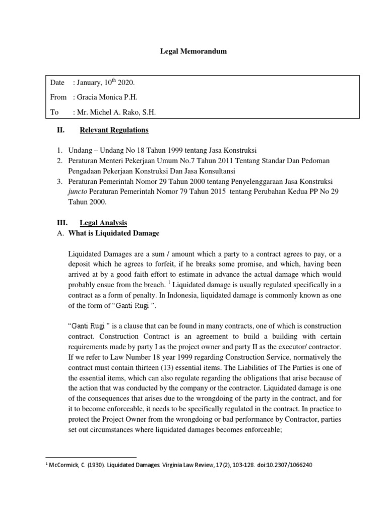 Legal Memorandum - Liquidated Damages | PDF | Liquidated Damages ...