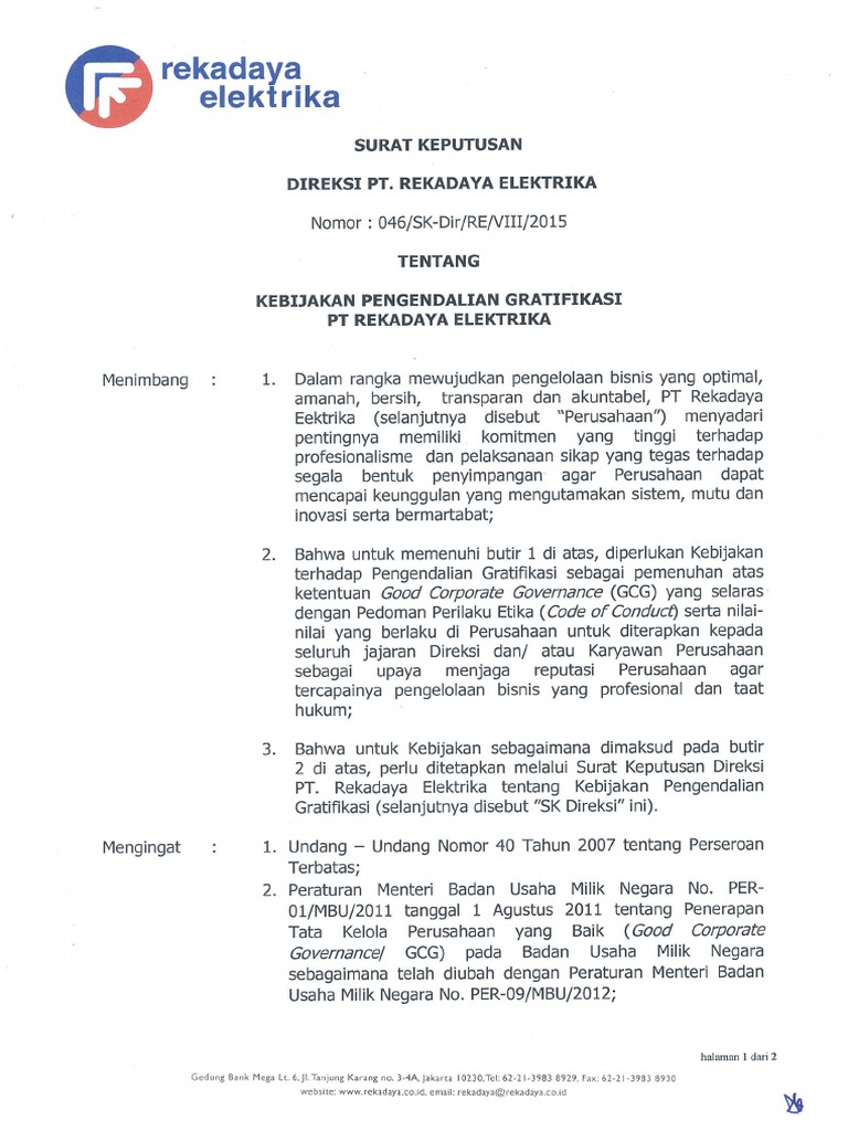 SK No. 46 - Kebijakan Pengendalian Gratifikasi PT Rekadaya Elektrika ...