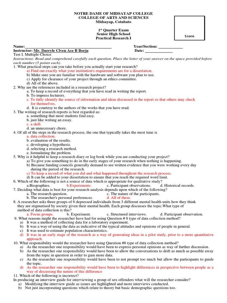 Practical Research 1 Exam | PDF | Qualitative Research | Question