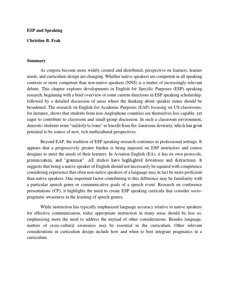 ESP Speaking Research and Curriculum Insights | PDF | Language Arts ...