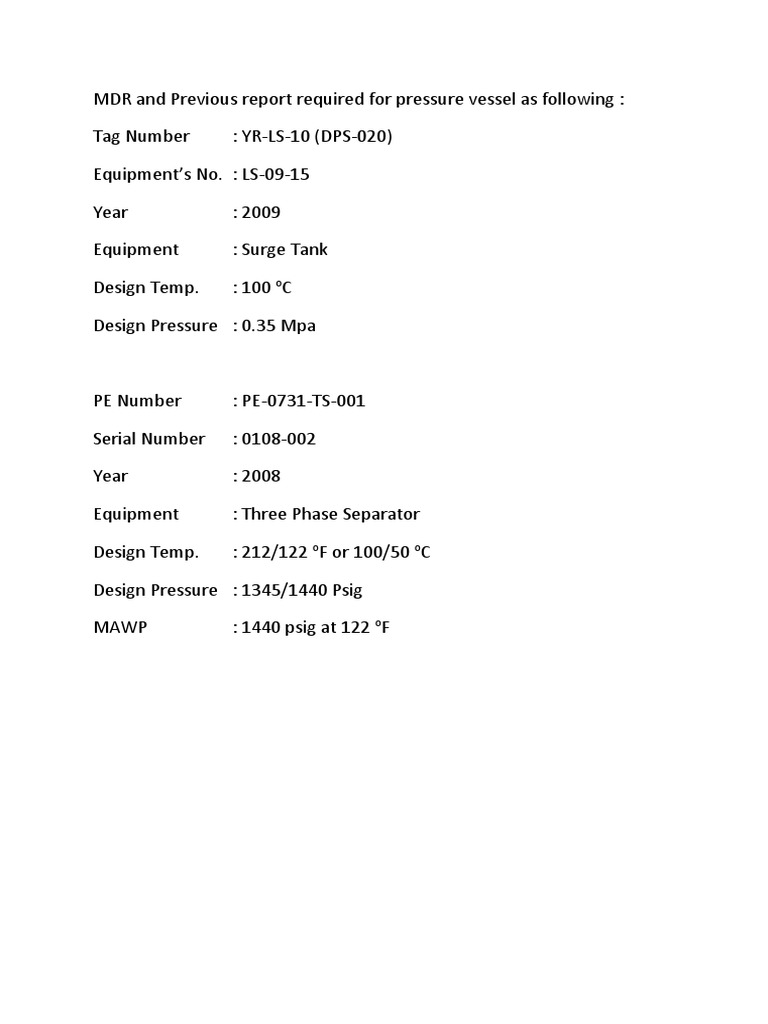 MDR and Previous Report Required For Pressure Vessel As Following | PDF