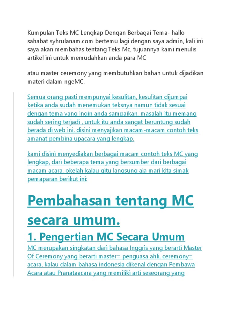 Kumpulan Teks MC Lengkap Dengan Berbagai Tema | PDF