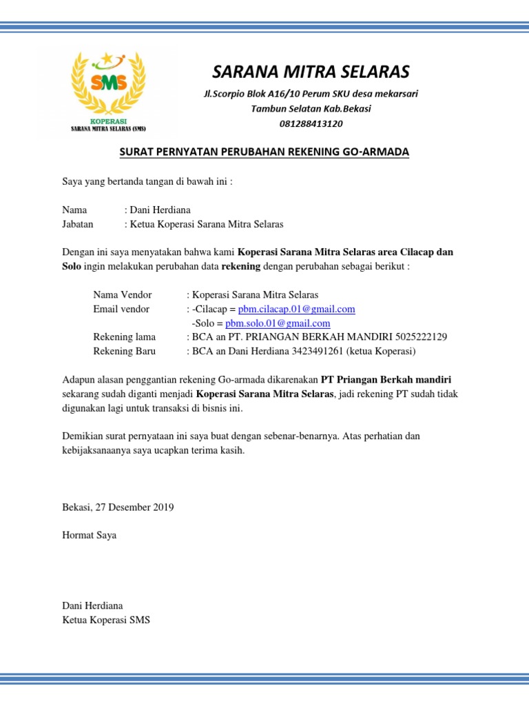 Surat Perubahan Rekening PBM | PDF