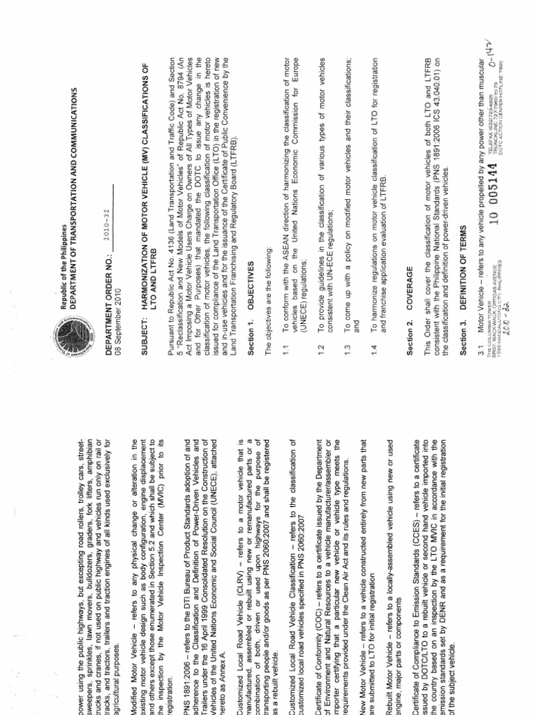 D.O. #2010-32-Harmonization of Motor Vehicle (MV) Classification of Lto ...