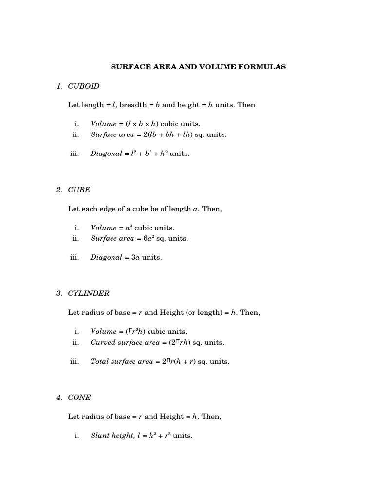Surface Area and Volume Formulas | PDF | Volume | Sphere