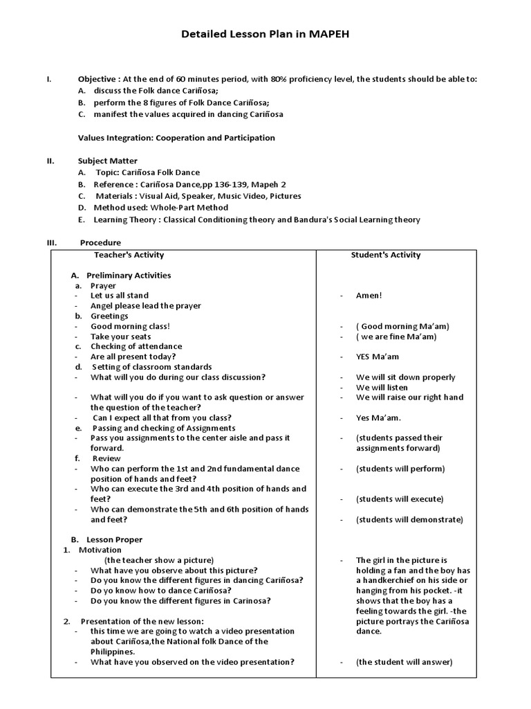 Detailed Lesson Plan in Mapeh | PDF | Lesson Plan | Behavior Modification