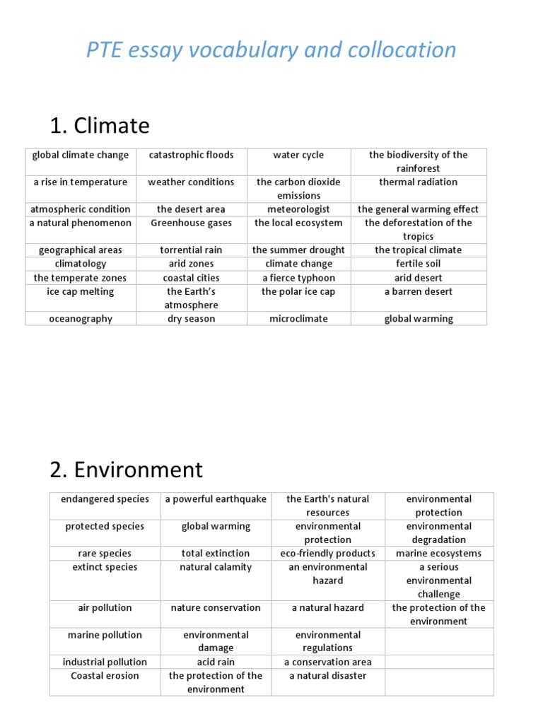 PTE essay vocabulary and collocation | Employment | Global Warming