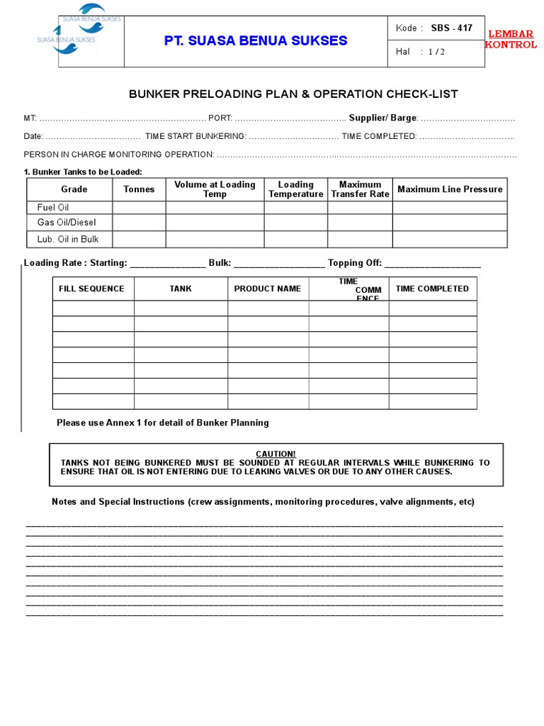 SBS-417 Bunker Plan | PDF | Fuel Oil | Gases