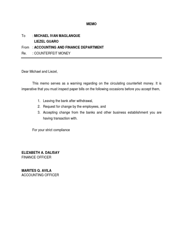 Memorandum Counterfeit Money | PDF
