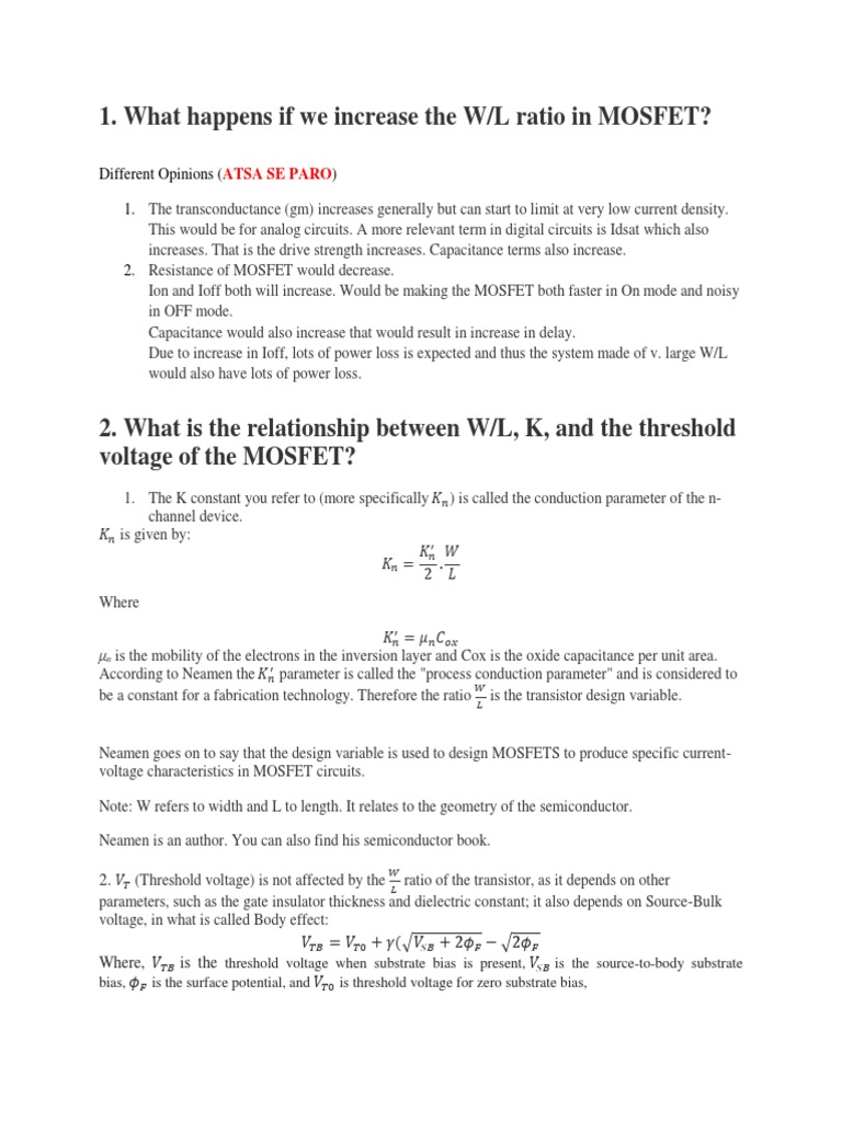 Notes On WL Ratio | PDF | Mosfet | Field Effect Transistor