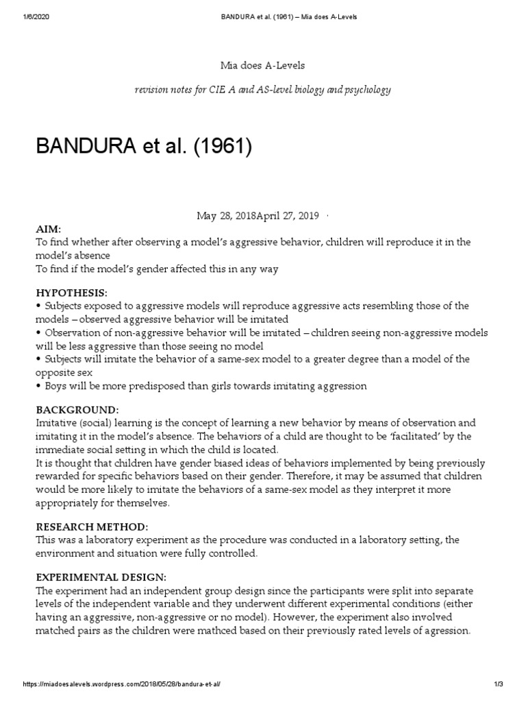 BANDURA Et Al. (1961) - Mia Does A-Levels | PDF | Aggression ...