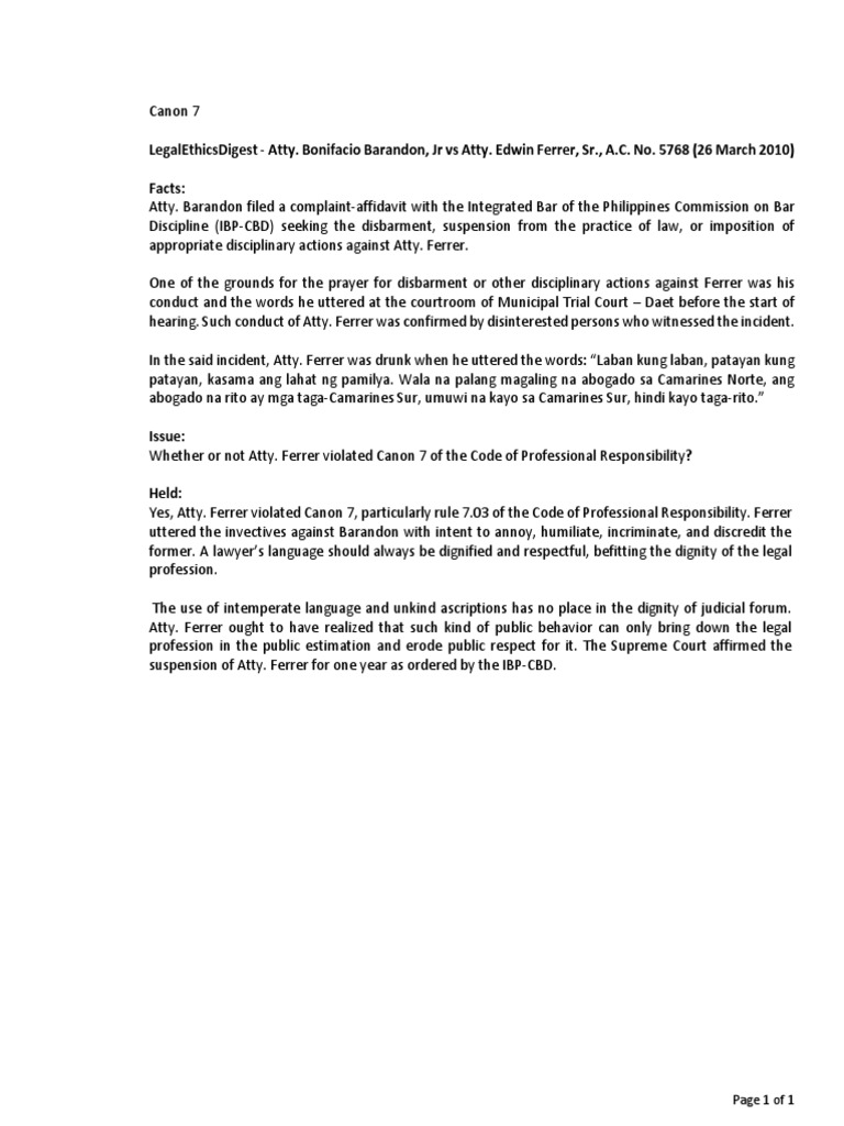 LegalEthicsDigest - Atty. Bonifacio Barandon, JR Vs Atty. Edwin Ferrer ...