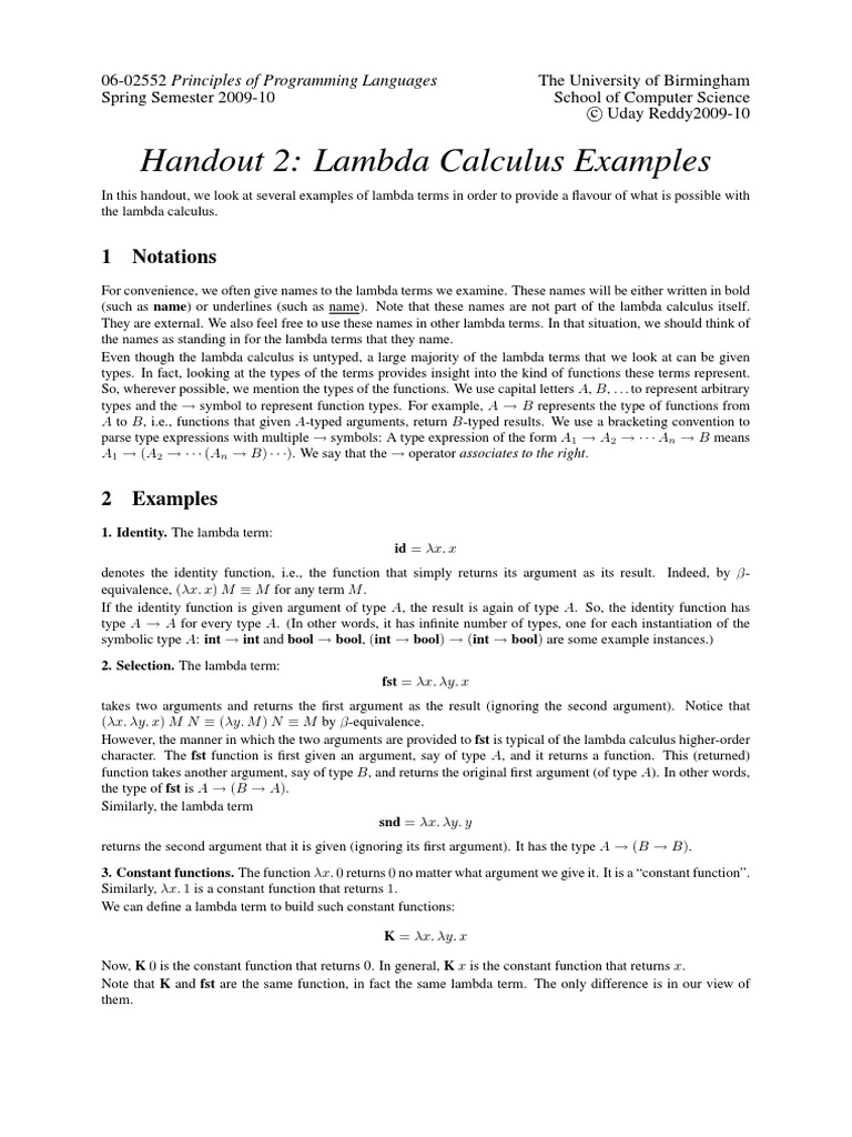 Lambda Calculus - Handout | PDF | Function (Mathematics) | Discrete ...