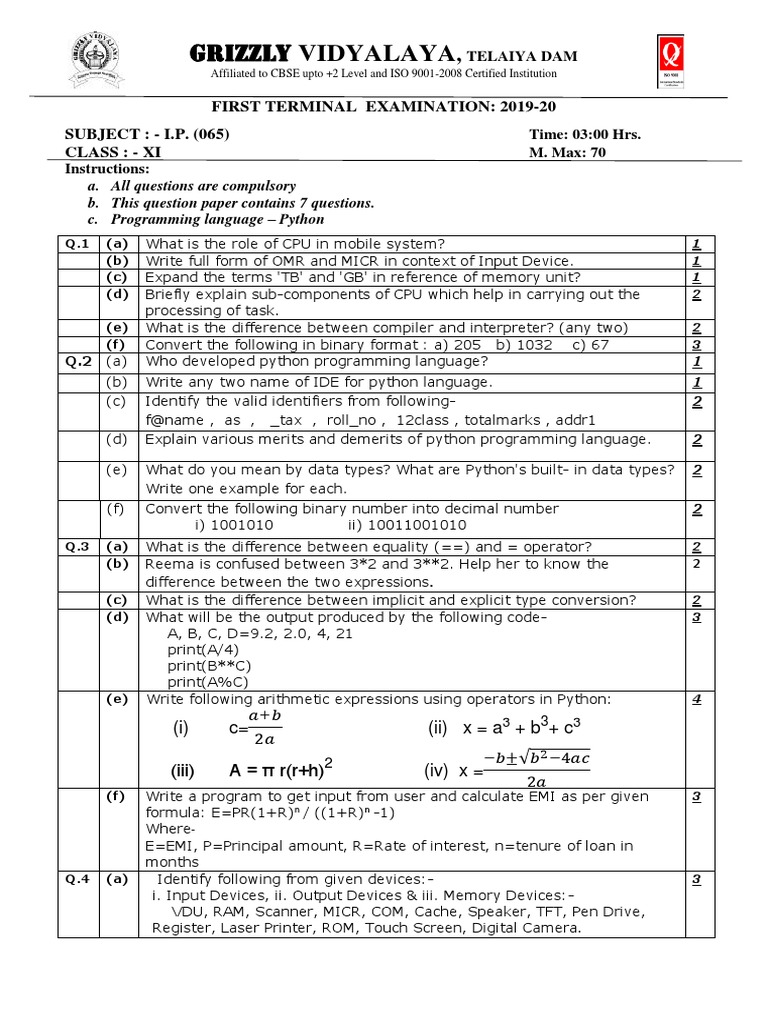 Class Xi (Informatics Practices) Half Yearly Grizzly Vidyalaya | PDF | Computer Program ...