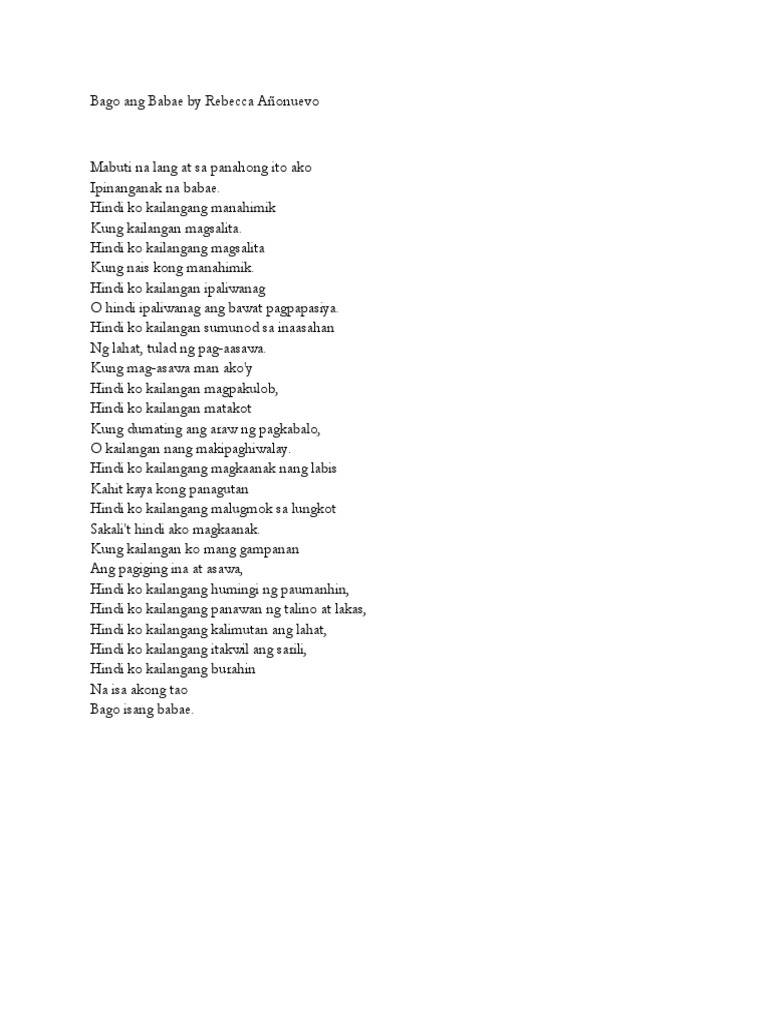 Bago Ang Babae by Rebecca Añonuevo | PDF