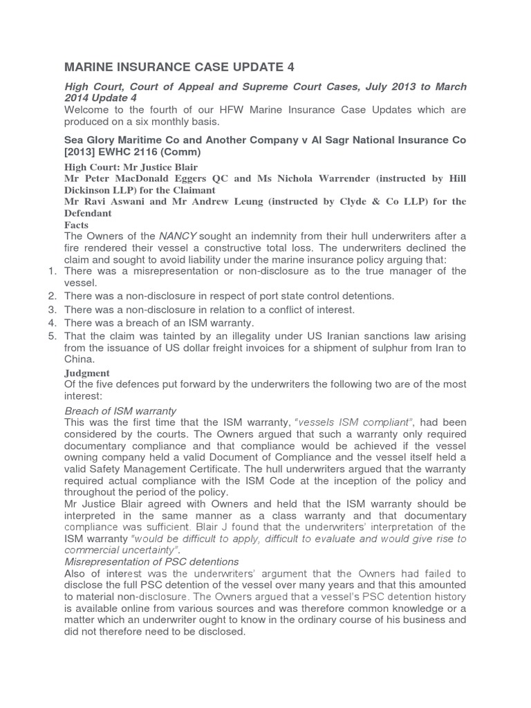 Marine Insurance Case Update 4 | PDF | English Law | Judgment (Law)