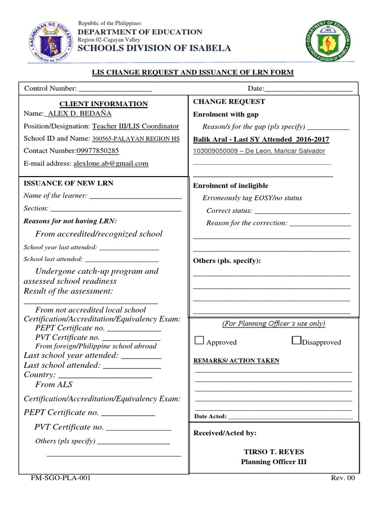 Lis Change Request and Issuance of LRN Form | PDF | Learning