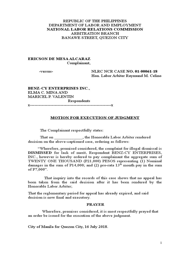 Motion For Execution of Judgment | PDF