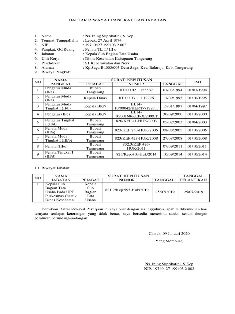 Daftar Riwayat Pangkat Dan Jabatan | PDF
