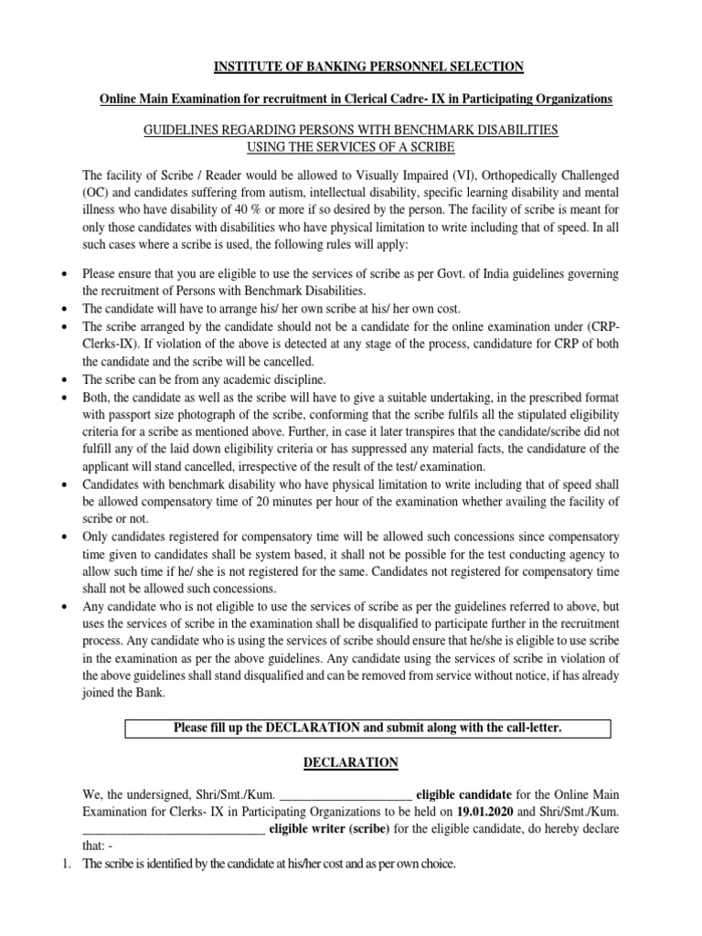 Main Exam Scribe Declartion Form PDF | PDF | Disability | Recruitment