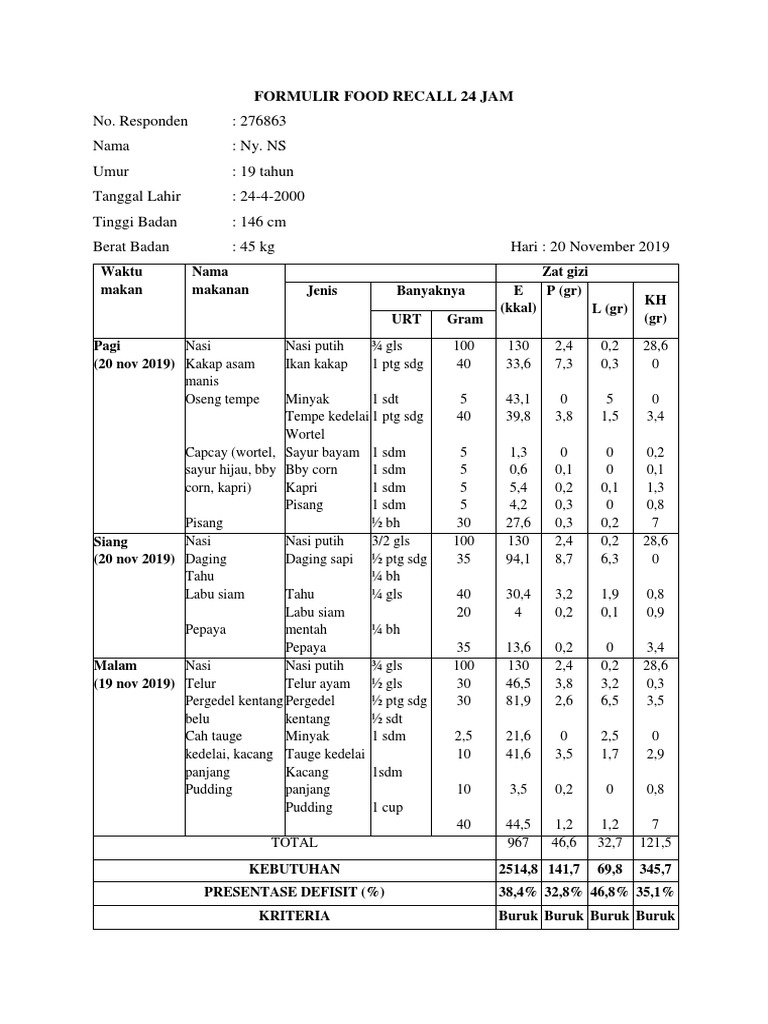 Formulir Food Recall 24 Jam | PDF