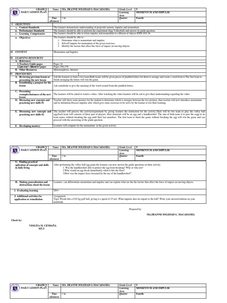 DLP Momentum | PDF | Lesson Plan | Momentum