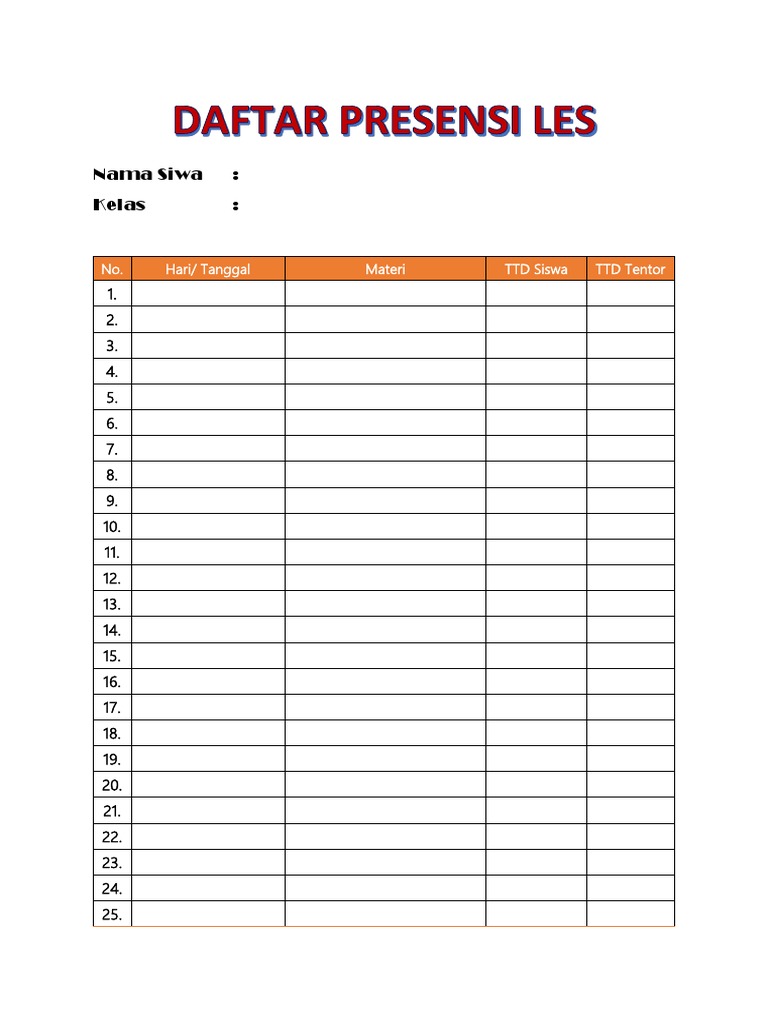 Daftar Presensi Les | PDF
