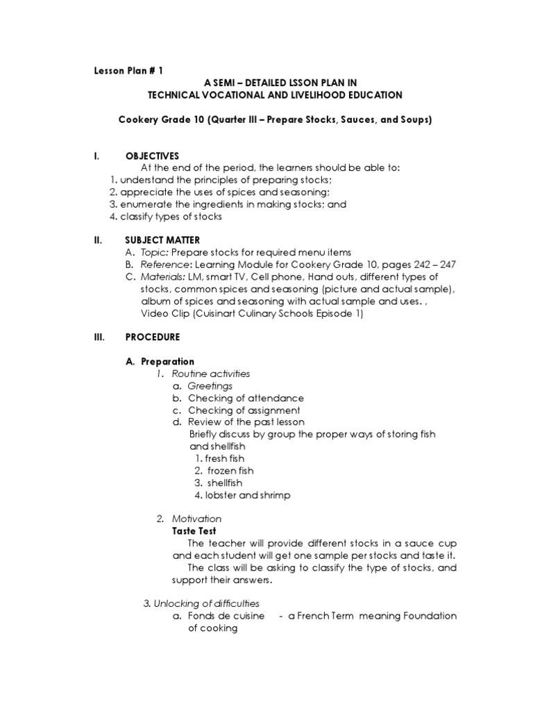 Lesson Plan for Preparing Stocks, Sauces and Soups | PDF | Lesson Plan ...