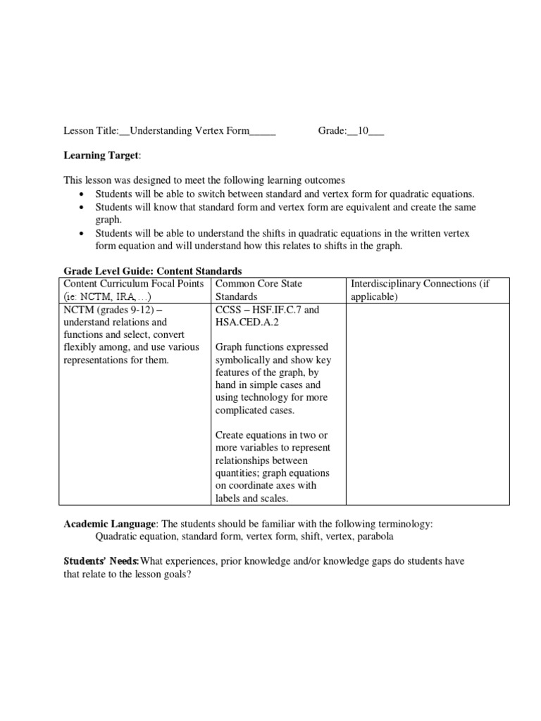 Edtpa Lesson Plan | PDF | Quadratic Equation | National Council Of ...