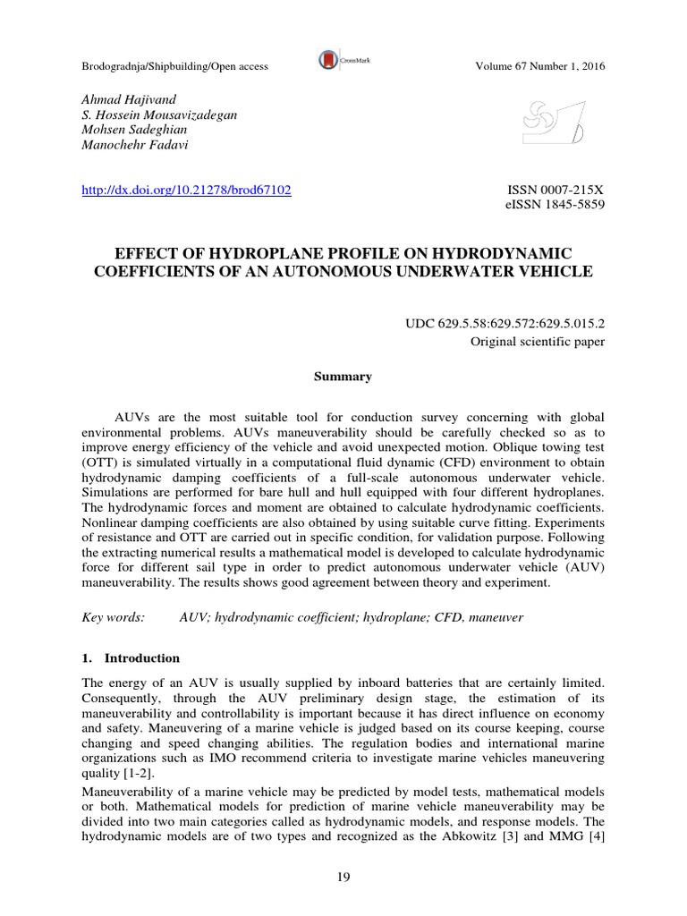 Effect Of Hydroplane Profile On Hydrodynamic Coefficients Of An Autonomous Underwater Vehicle