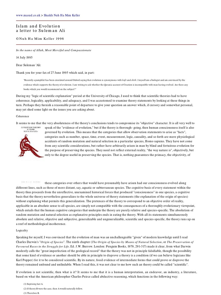 Evolution and Islam Nuh Ha Mim Keller | PDF | Evolution | Theory