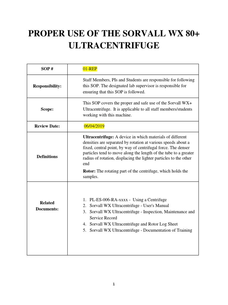 SOP - Safe and Proper Use of The Sorvall WX M Ultracentrifuge | PDF ...