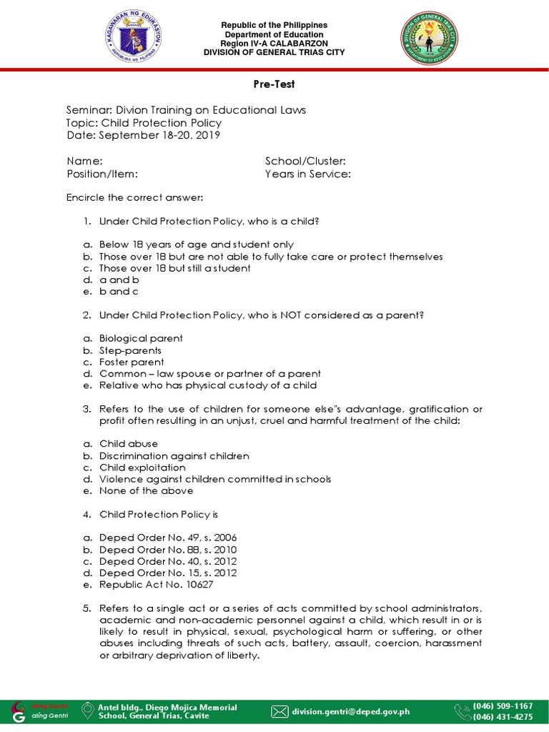 Pre-Test For Child Protection Policy | PDF | Child Protection | Child Abuse