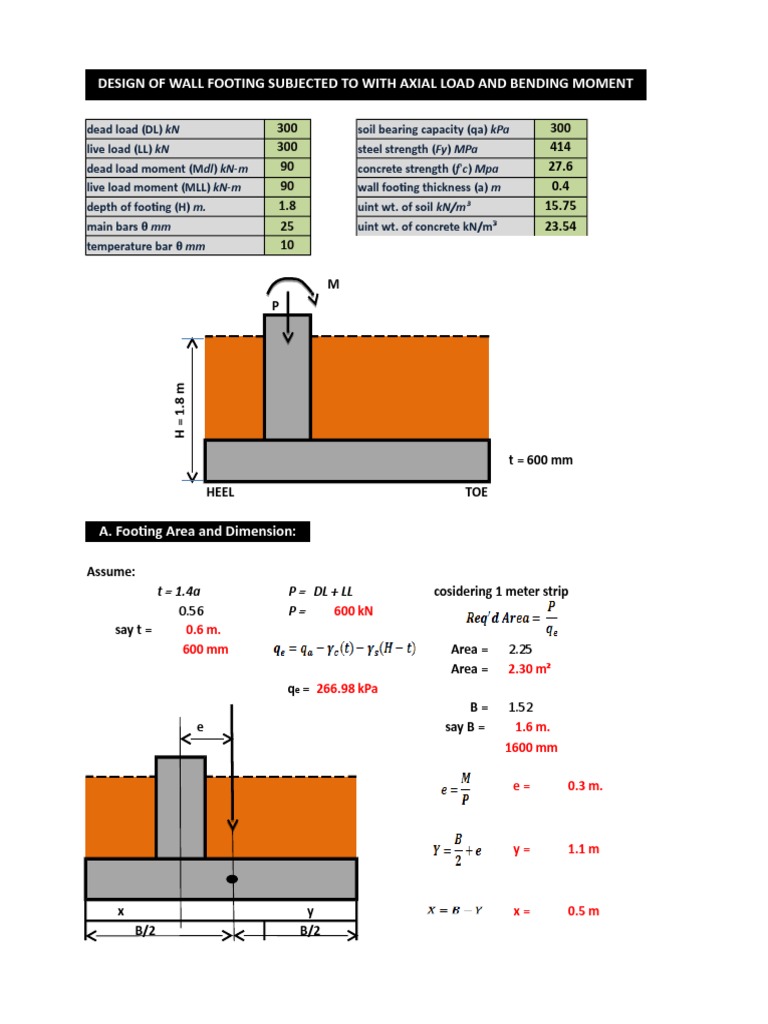 Design of wall footing with axial load and bending moment | PDF ...