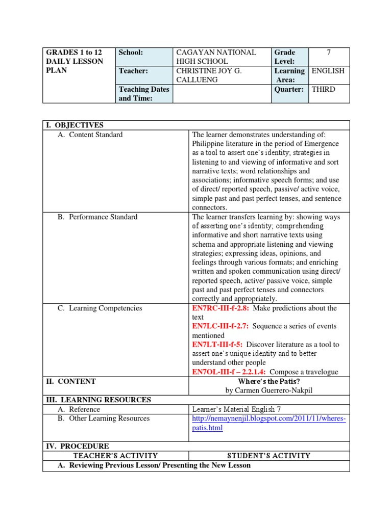 Daily Lesson Plan On Grade 7 - Where's The Patis | PDF | Foods | Lesson ...