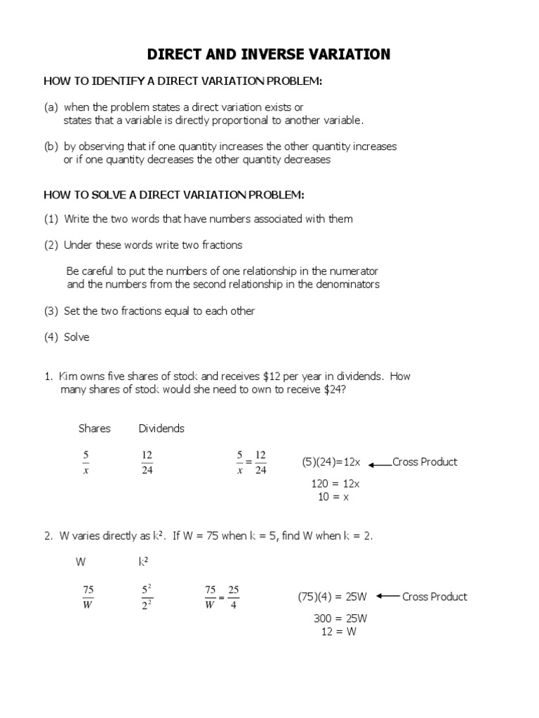 Identify Direct and Inverse Variation Problems and Worksheets | PDF ...