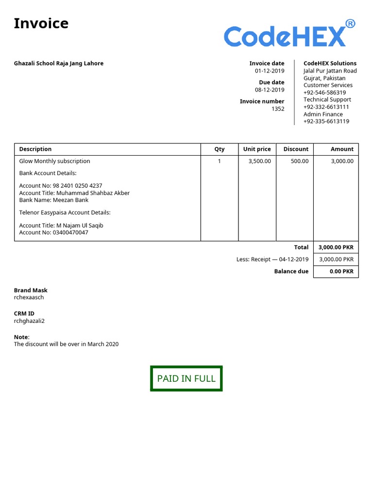 Invoice 1352 - Ghazali School Raja Jang Lahore PDF | PDF