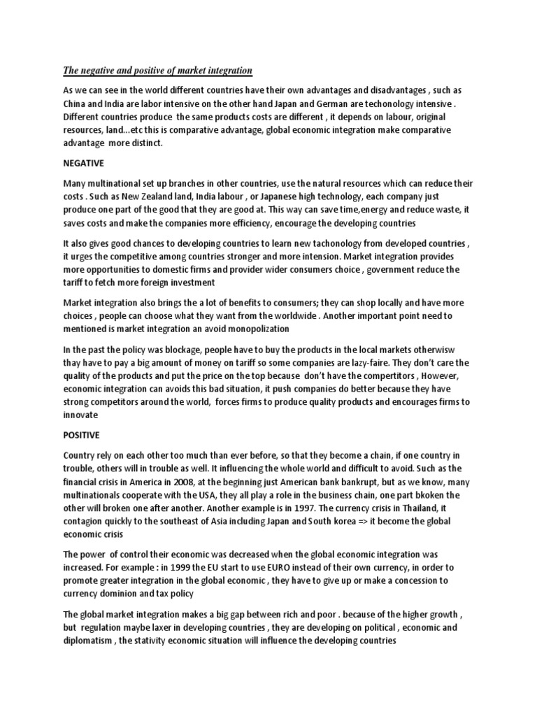 The Negative and Positive of Market Integration 1 | PDF | Competition ...