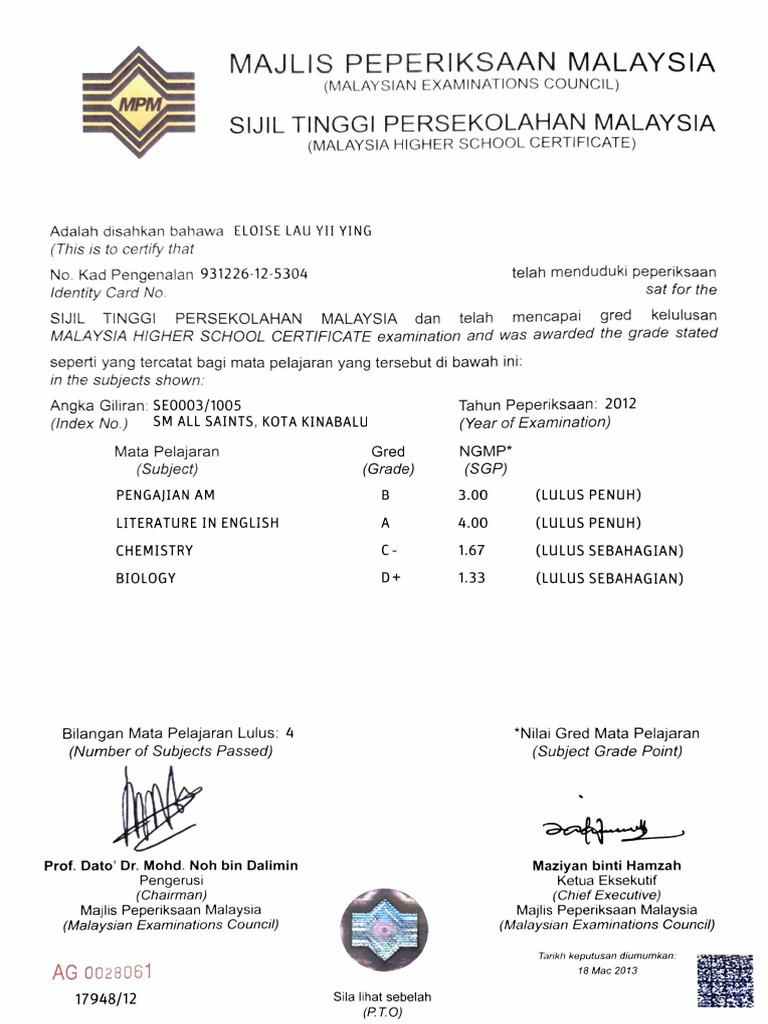 STPM Certificate Overview and Grades | PDF | Qualifications ...