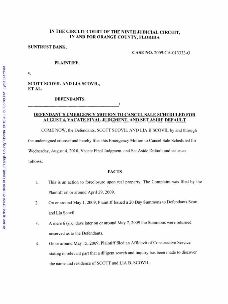 Foreclosure Emergency Motion To Cancel Sale Vacate Final Judgment and Set Aside Default | PDF ...