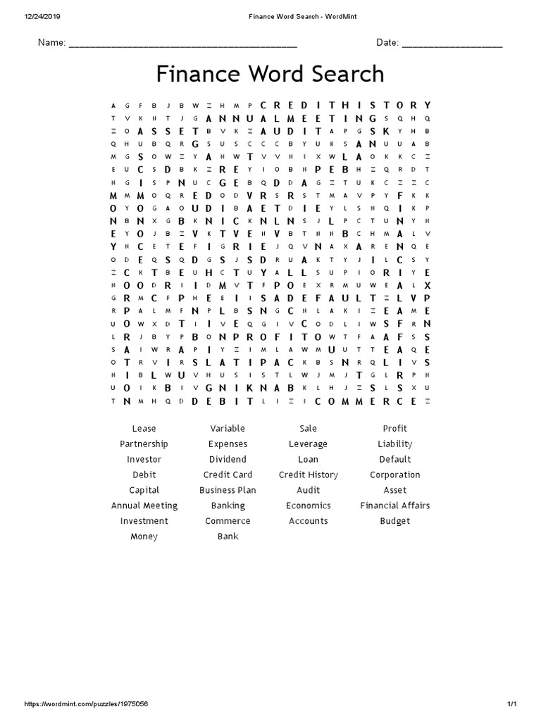 Finance Word Search - WordMint Answer | PDF | Debits And Credits | Business
